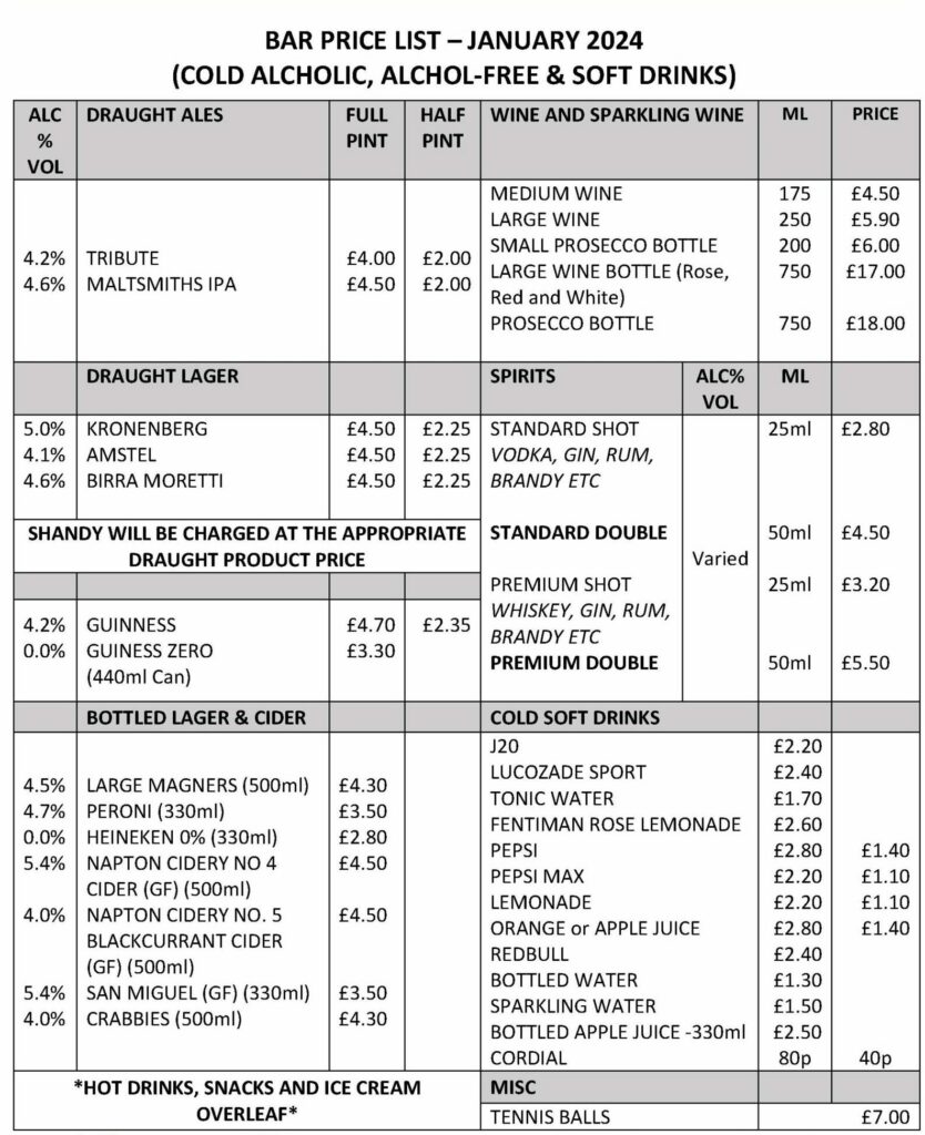 Bar Menu & Price List – LLTSC