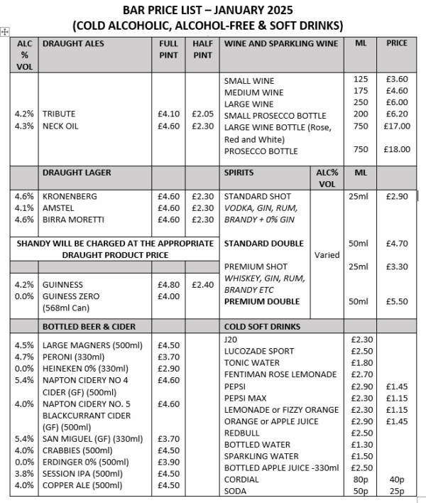 Bar Menu & Price List – LLTSC